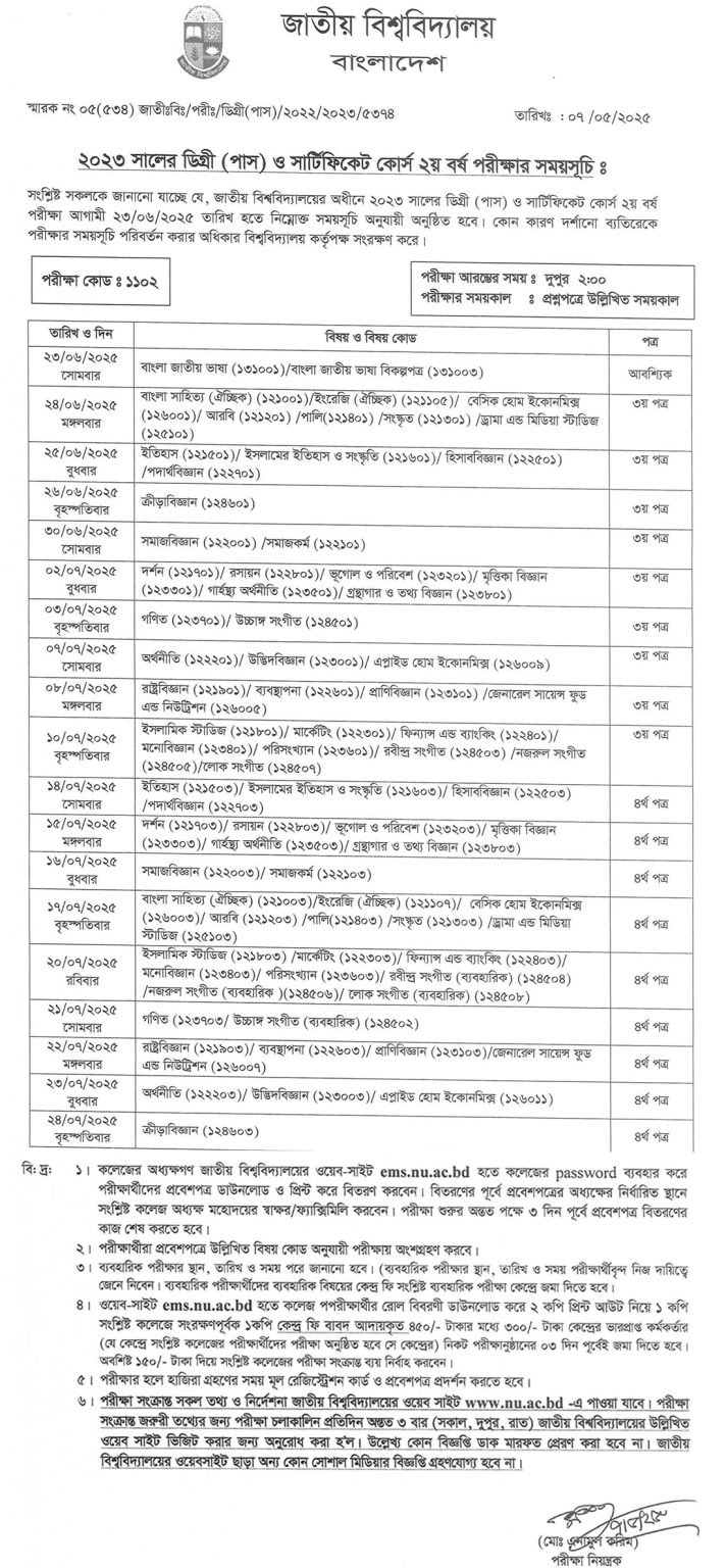NU Degree 2nd Year Routine 2025 - National University